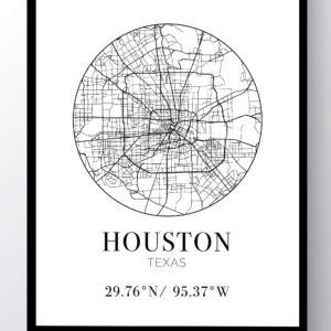 Houston TX City Street Map Wall Art - 11x14 UNFRAMED Modern Abstract Black & White Aerial View Decor Print with Coordinates. Makes a great Houston Texas-Themed Gift.