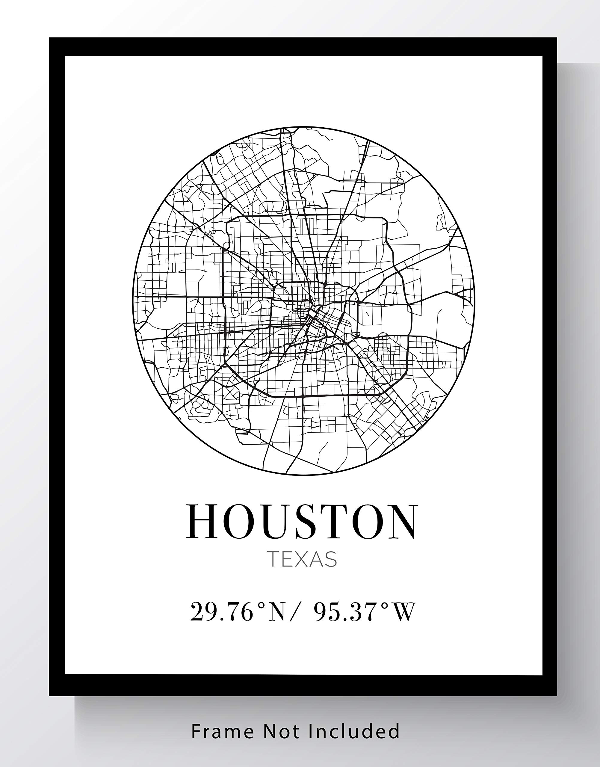 Houston TX City Street Map Wall Art - 11x14 UNFRAMED Modern Abstract Black & White Aerial View Decor Print with Coordinates. Makes a great Houston Texas-Themed Gift.