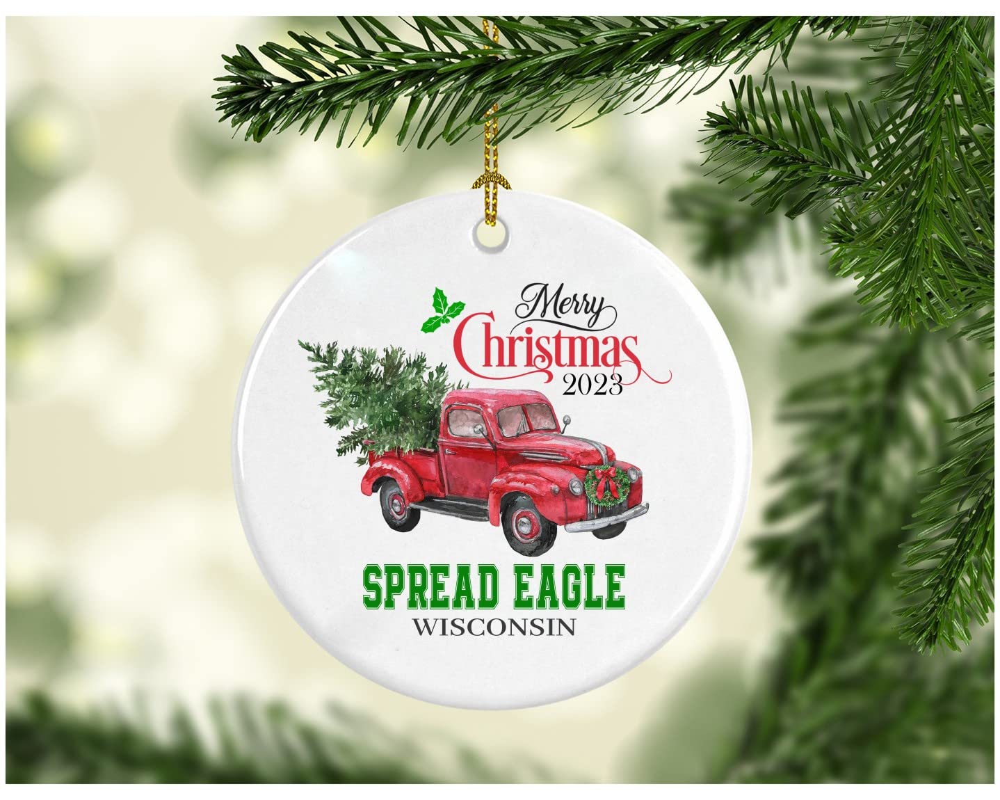 Christmas Decoration Tree Merry Christmas 2023 Spread Eagle Wisconsin Ornament Funny Gift Xmas Holiday as a Family Pretty Rustic First Christmas in Our New Home MDF Plastic 3" White