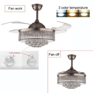 US DELIVER Modern Dimmable Fandelier Crystal Ceiling Fan with Lights and Remote Invisible Retractable Chandelier Fan Light LED Lighting-Polished Chrome 42" (Crystal)