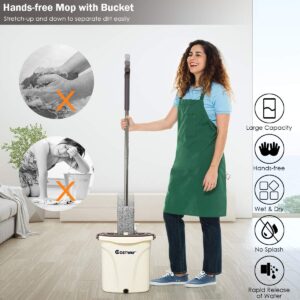 COSTWAY Flat Mop and Bucket Set with 2PCS Microfiber Pads, Hand-Free Wringing Squeeze Mop Separate Dirty Water from Clean Water for Wet and Dry Mopping on Hardwood, Laminate, Tile