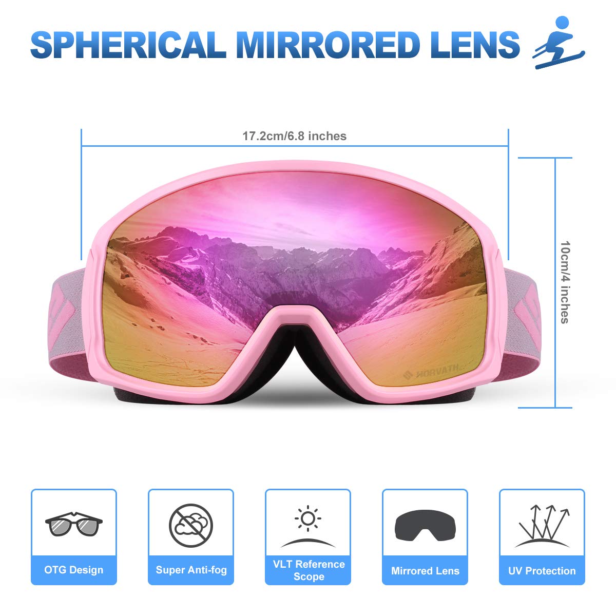 SH HORVATH Ski Snowboard OTG Goggles, HD Mirrored Anti-Fog Goggle for Men Women