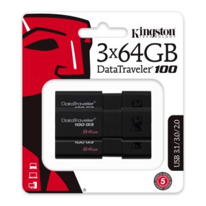 Kingston 64GB USB 3.0 Black DataTraveler 100 G3 3 Pack DT100G3/64GB-3P