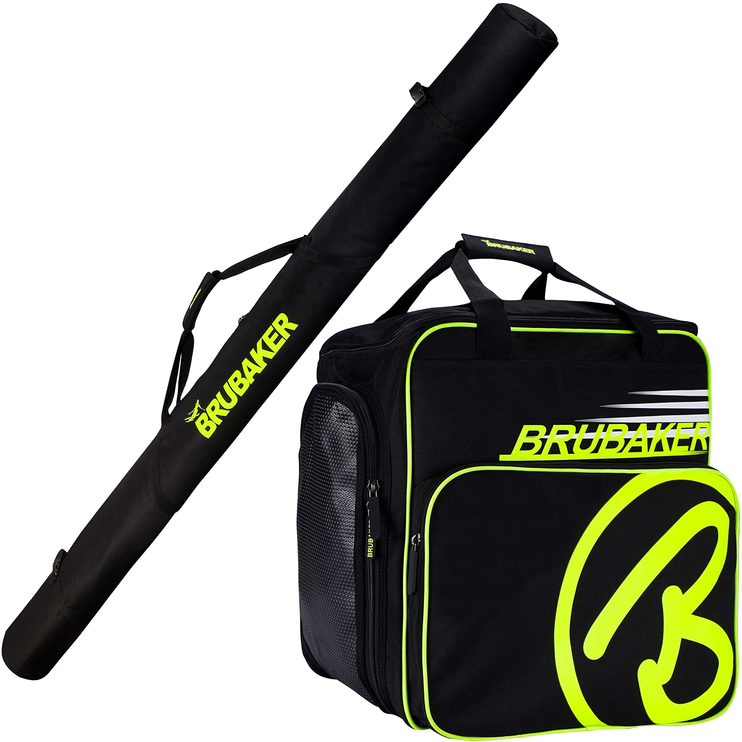 BRUBAKER Combo Set XC Touring Champion - Cross-Country Ski Bag and Ski Boot Bag for 1 Pair of Skis + Poles + Boots + Helmet - Black/Neon Yellow - 76 7/8 Inches / 195 Cm