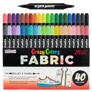 super markers 40 unique primary & pastel colors dual tip fabric & t-shirt marker set - double-ended fabric markers with chisel point and fine point tips - 40 permanent ink vibrant and bold colors