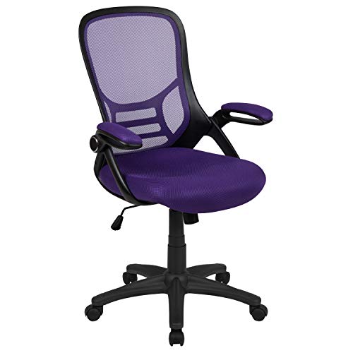 Flash Furniture Porter High-Back Swivel Office Chair with Adjustable Lumbar Support and Seat Height, Ergonomic Mesh Desk Chair with Flip-Up Armrests, Purple/Black