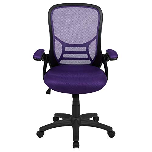 Flash Furniture Porter High-Back Swivel Office Chair with Adjustable Lumbar Support and Seat Height, Ergonomic Mesh Desk Chair with Flip-Up Armrests, Purple/Black