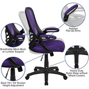 Flash Furniture Porter High-Back Swivel Office Chair with Adjustable Lumbar Support and Seat Height, Ergonomic Mesh Desk Chair with Flip-Up Armrests, Purple/Black