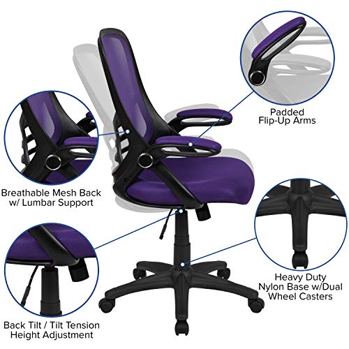 Flash Furniture Porter High-Back Swivel Office Chair with Adjustable Lumbar Support and Seat Height, Ergonomic Mesh Desk Chair with Flip-Up Armrests, Purple/Black