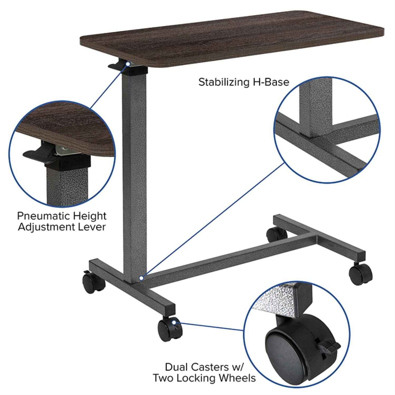 Flash Furniture Fenwick Adjustable Overbed Table with Wheels for Home and Hospital, Oak, Set of 1