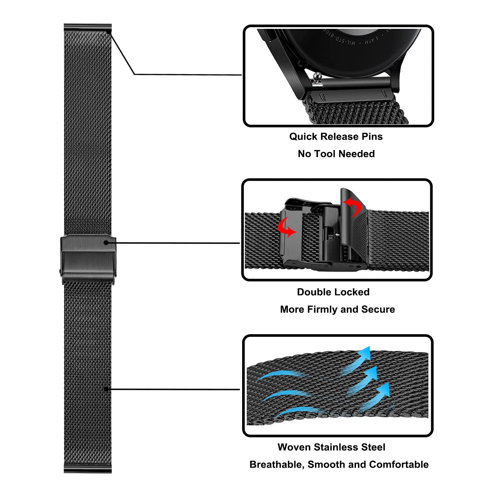 TRUMiRR Band Sets for Samsung Galaxy Watch 6 Classic 43mm 47mm/6/5 40mm 44mm/5 Pro 45mm/4/4 Classic 42mm 46mm, 20mm 2 Pack Solid Stainless Steel Watchband + Mesh Strap for Garmin Venu/Vivoactive 3