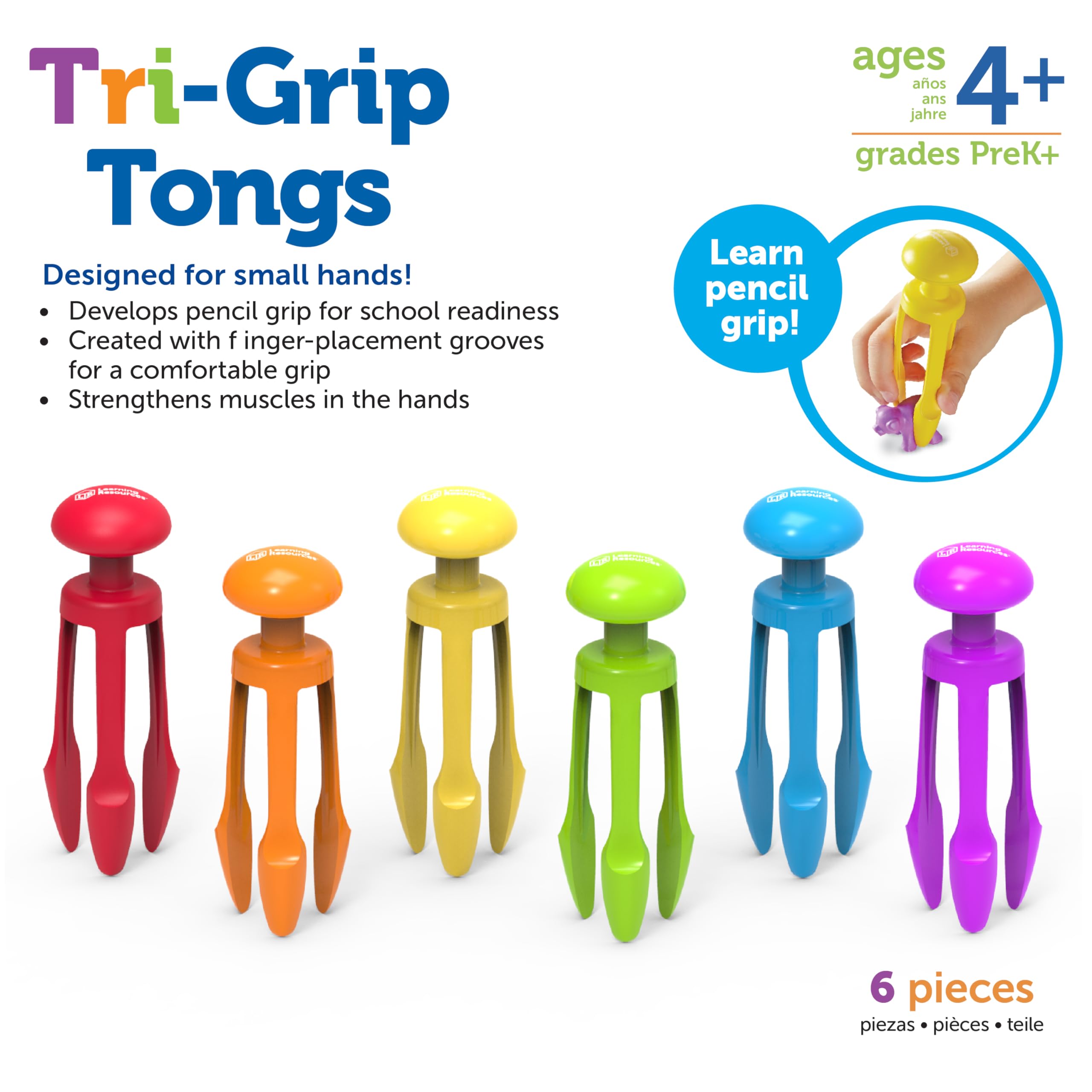 Learning Resources 3 Prong Tong, Pencil Grip Tongs, Sensory Bin, Fine Motor Toy, Set of 6, Ages 4+