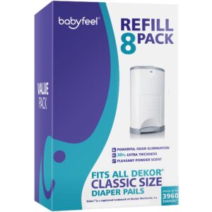 babyfeel refills compatible with dekor classic diaper pails | 8 pack | exclusive 30% extra thickness | diaper pail refills with powerful odor elimination | powder scent | holds up to 3960 diapers