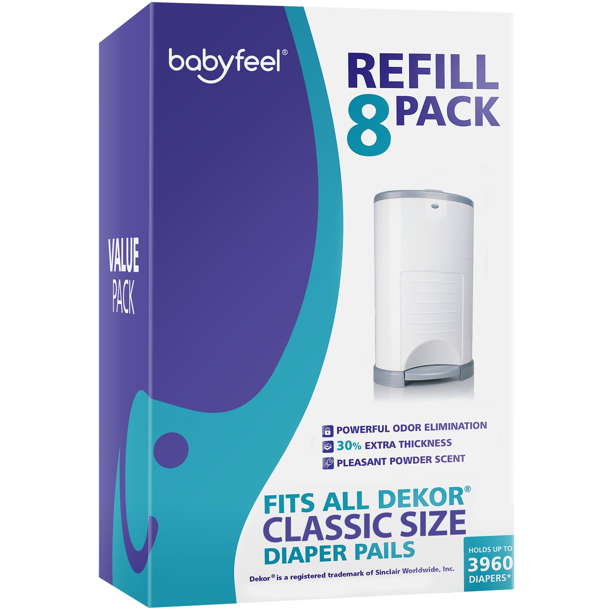 Babyfeel Refills Compatible with DEKOR CLASSIC Diaper Pails | 8 Pack | Exclusive 30% Extra Thickness | Diaper Pail Refills with Powerful Odor Elimination | Powder Scent | Holds up to 3960 Diapers