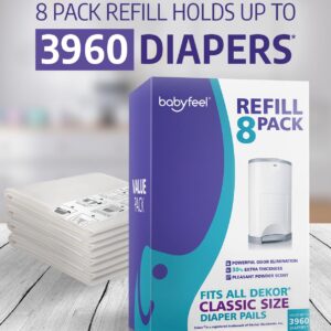 Babyfeel Refills Compatible with DEKOR CLASSIC Diaper Pails | 8 Pack | Exclusive 30% Extra Thickness | Diaper Pail Refills with Powerful Odor Elimination | Powder Scent | Holds up to 3960 Diapers