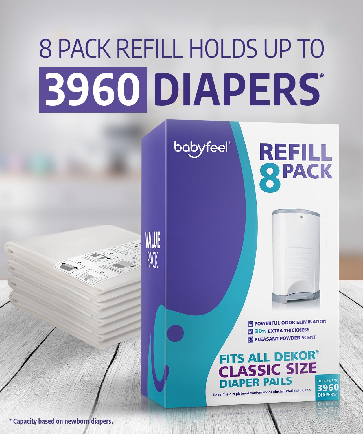 Babyfeel Refills Compatible with DEKOR CLASSIC Diaper Pails | 8 Pack | Exclusive 30% Extra Thickness | Diaper Pail Refills with Powerful Odor Elimination | Powder Scent | Holds up to 3960 Diapers