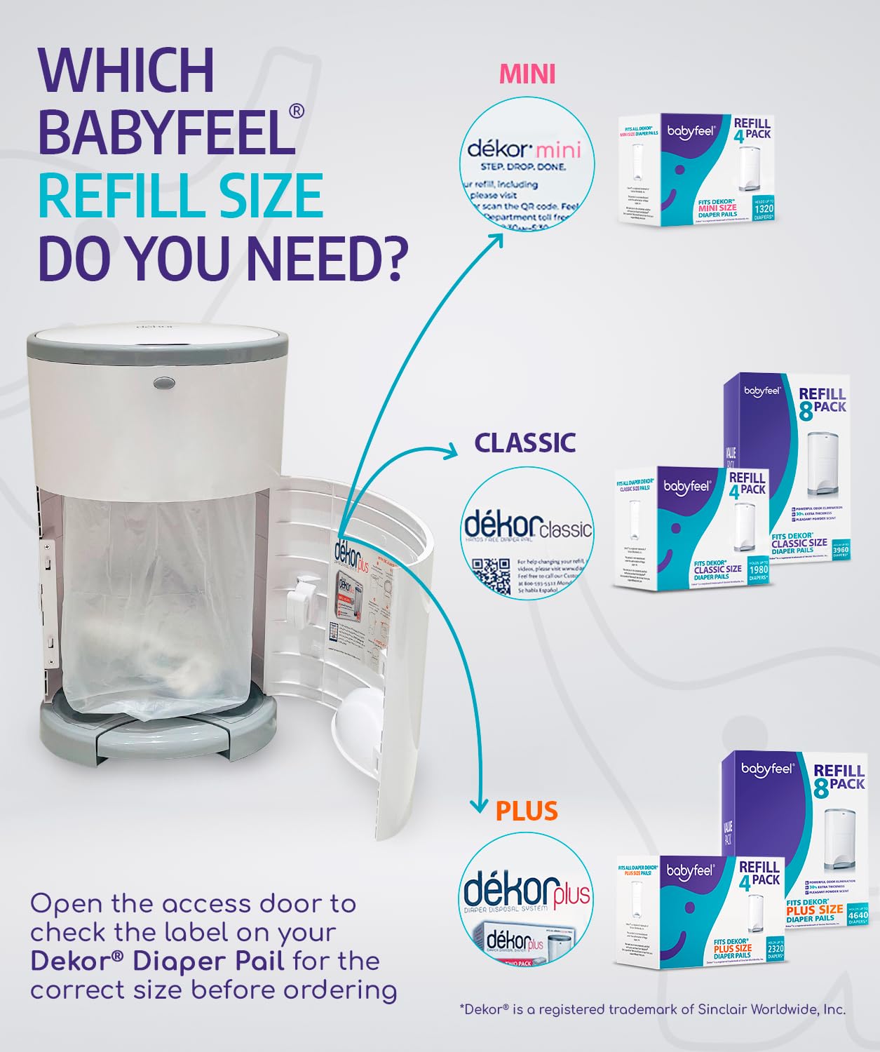 Babyfeel Refills Compatible with DEKOR CLASSIC Diaper Pails | 8 Pack | Exclusive 30% Extra Thickness | Diaper Pail Refills with Powerful Odor Elimination | Powder Scent | Holds up to 3960 Diapers