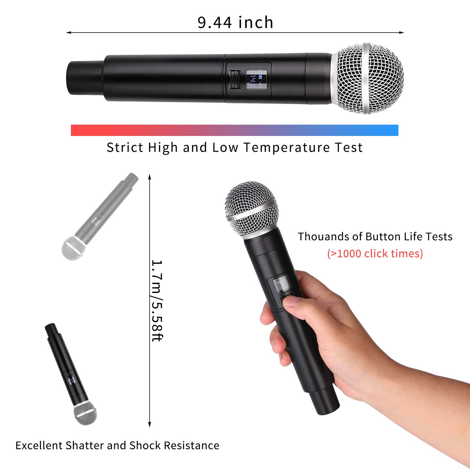 MicrocKing Wireless Microphone System Dynamic Handheld Microphones,150-260Ft Operating Range,16 Hours Continuous Use,Ideal for Karaoke, Party, DJ, Church, Wedding, Indoor/Outdoor Activities