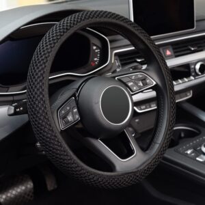 kafeek elastic stretch steering wheel cover,warm in winter and cool in summer, universal 15 inch, microfiber breathable ice silk, anti-slip, odorless, easy carry,black