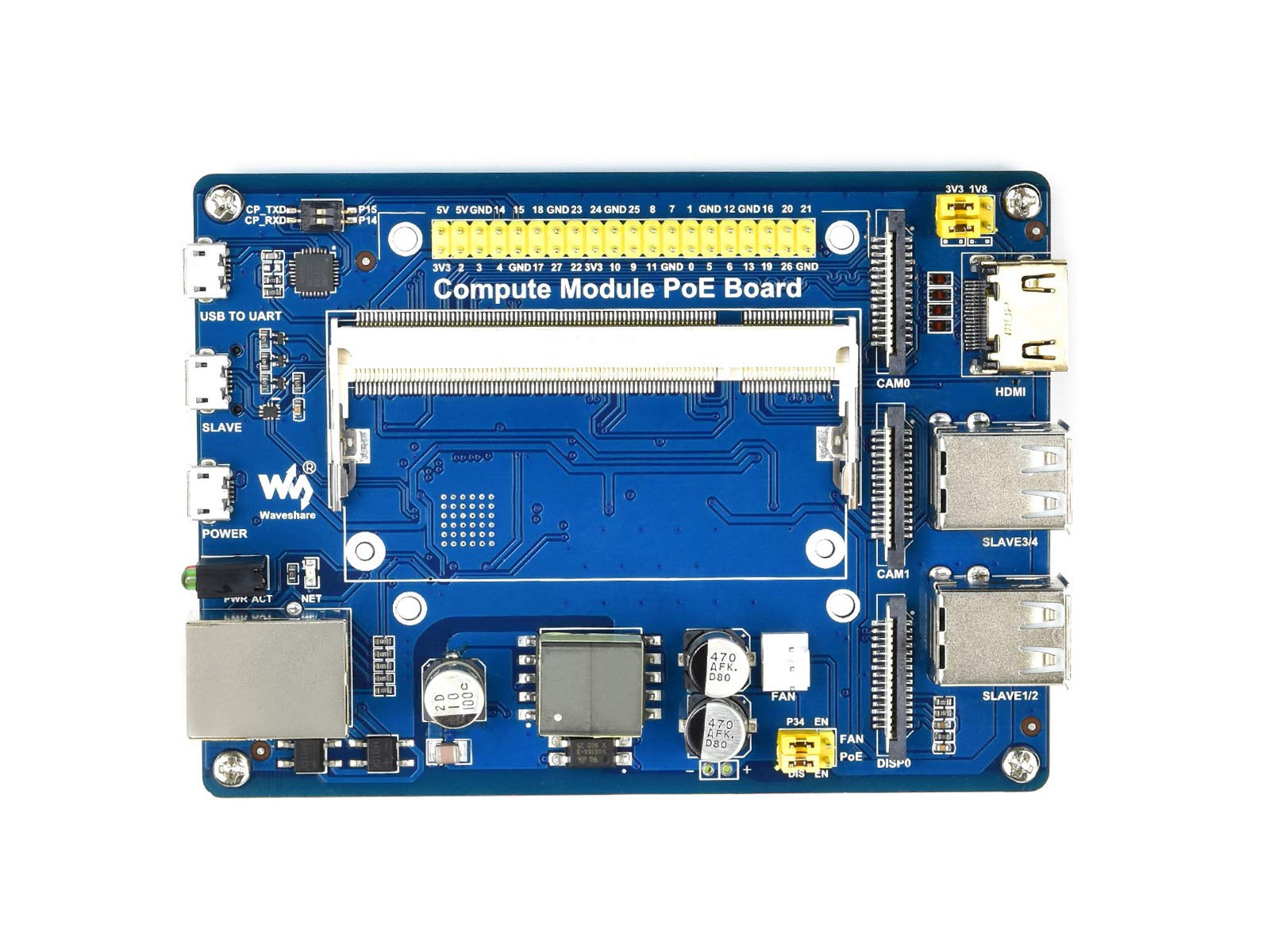 Waveshare Compute Module IO Board with PoE Feature Composite Breakout Board for Developing with Raspberry Pi CM3 / CM3L / CM3+ / CM3+L