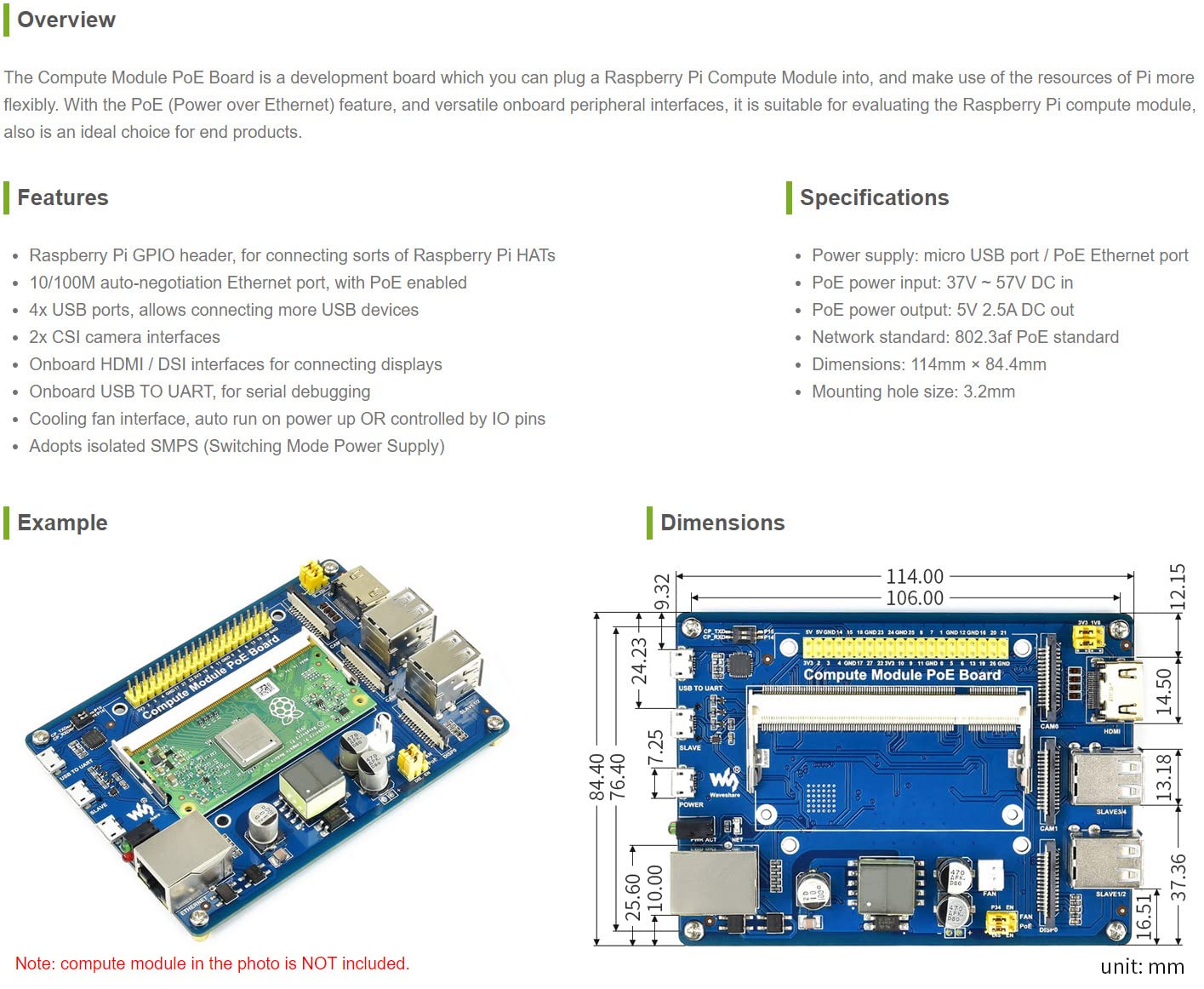 Waveshare Compute Module IO Board with PoE Feature Composite Breakout Board for Developing with Raspberry Pi CM3 / CM3L / CM3+ / CM3+L