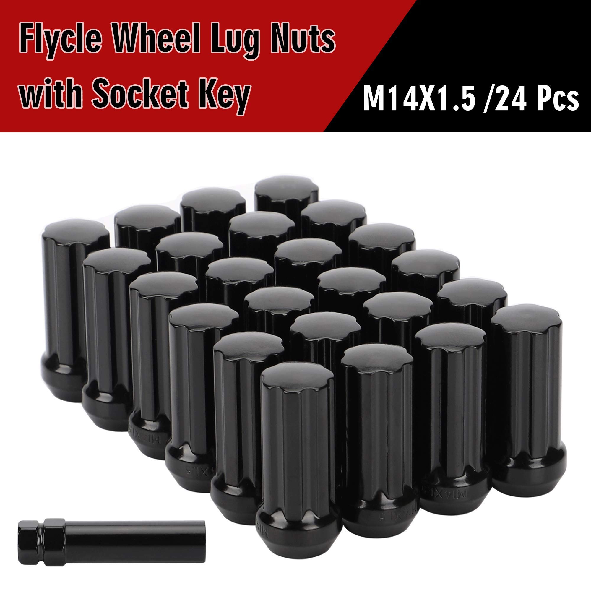 14x1.5 Wheel Lug Nuts, 24 pcs Black M14x1.5 Lug Nut Closed End Long Extended XL Spline with 1 Socket Key for Silverado 1500 Tahoe Avalanche Sierra 1500 Yukon Escalade 6 Lug Aftermarket Wheels