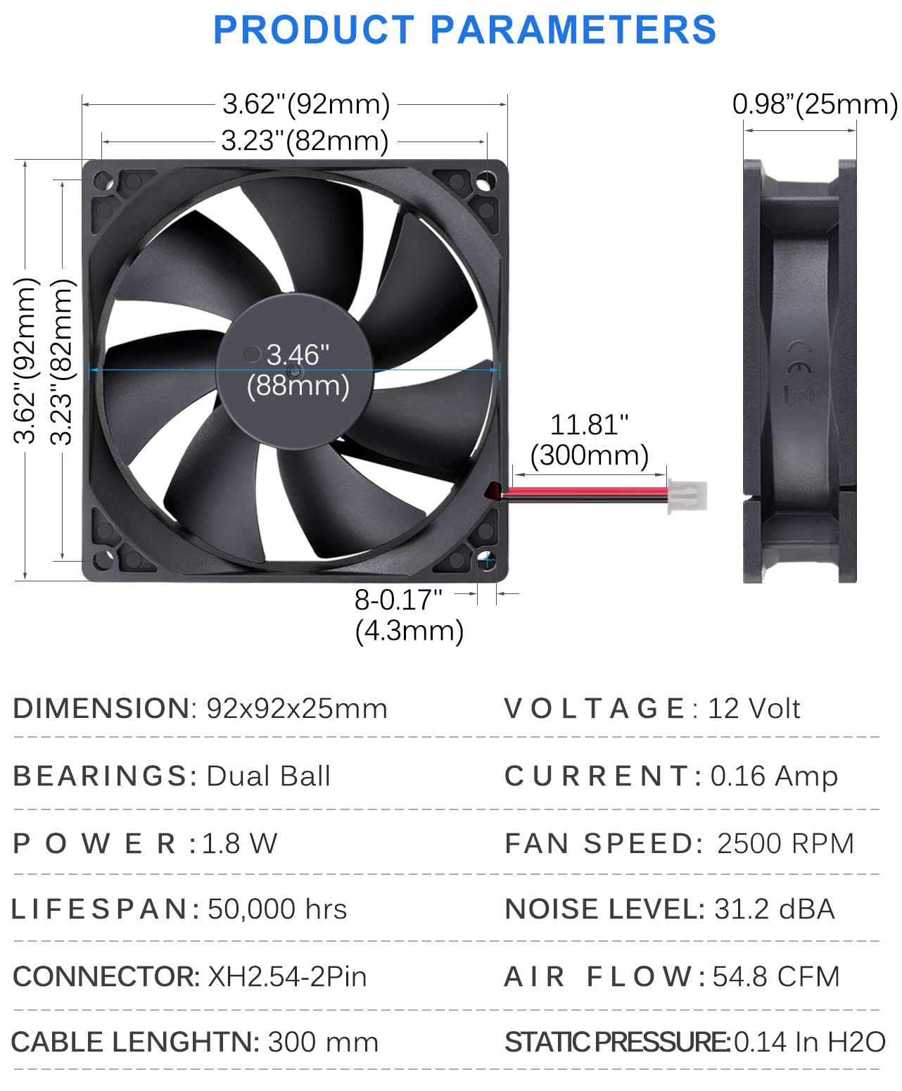 GDSTIME 2 Pack 92mm x 92mm x 25mm 12V Dual Ball Bearings DC Brushless Cooling Fan