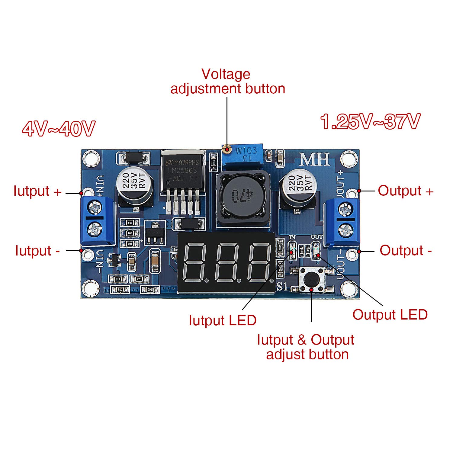 4 Pieces Adjustable LM2596S DC-DC Buck Converter Reduced Voltage Regulator Power Module 36V 24V 12V to 5V 2A Voltage Stabilizer with Digital Voltmeter Display