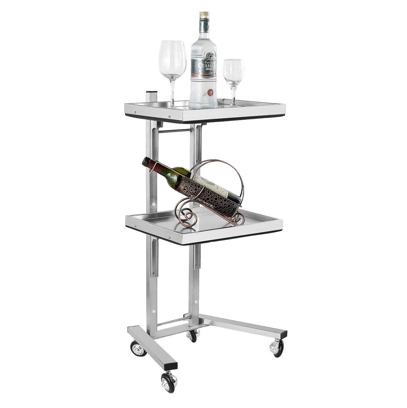 Kaleurrier Rolling Tool Trolley Cart with Double Storage Tray,Stainless Steel Utility Instrument Tray Stand with Wheels for Beauty Hair Salon Tattoo Spa Clinic Medical Studio Home (Color:Silver)