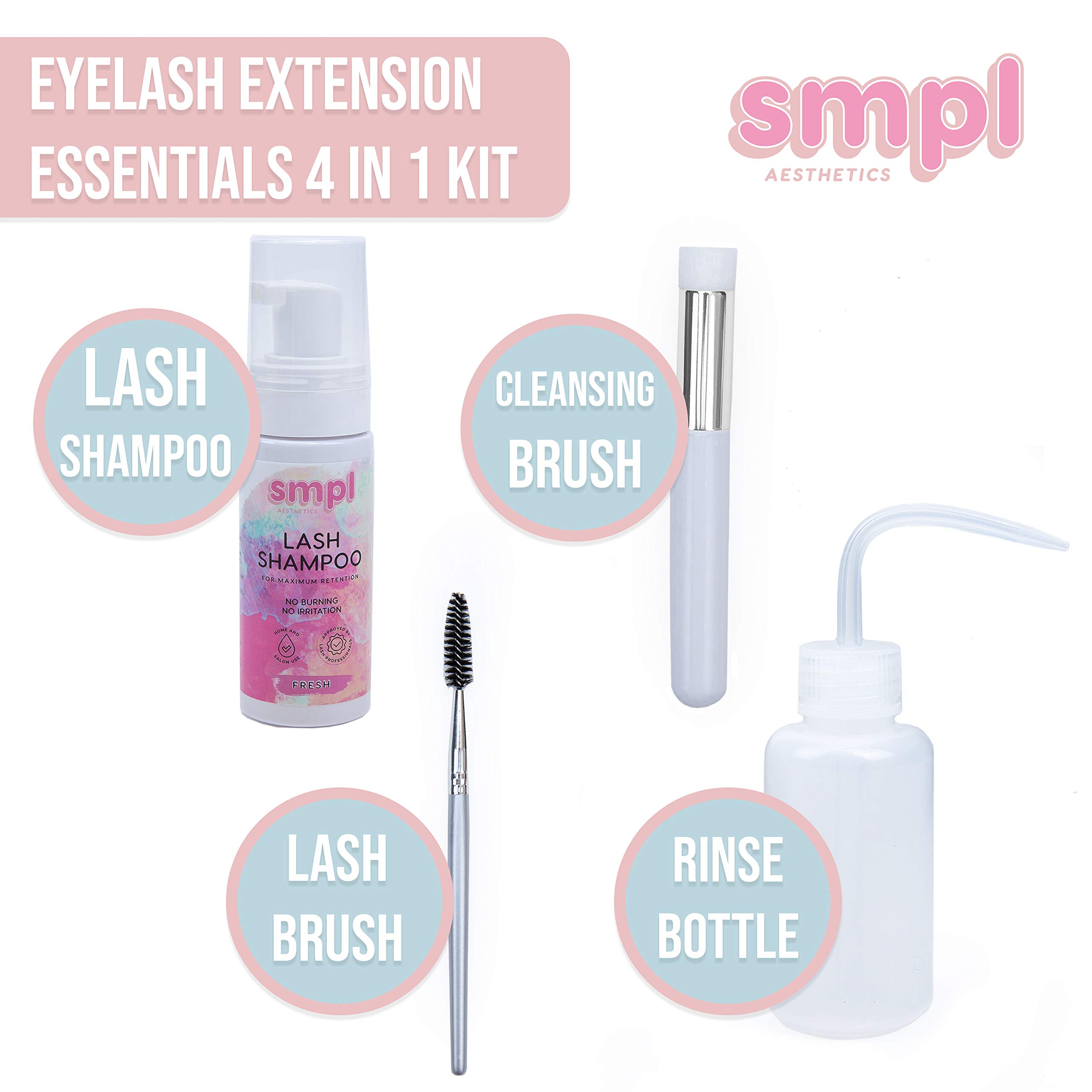 SMPL Aesthetics Eyelash Extension Cleanser, Lash Shampoo, Lash Cleaner for Extensions, Lash Brush, Rinse Bottle, Lash Bath, Free E-Book Sensitive, Paraben, Sulfate Free, Makeup Remover, Primer (Fresh)