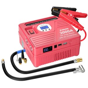 3000amp car jump starter with air compressor, 150psi tire inflator with digital screen pressure gauge, 24000mah 12v auto battery booster (9.0l gas/ 8.5ldiesel engine), 2 usb port 2 light