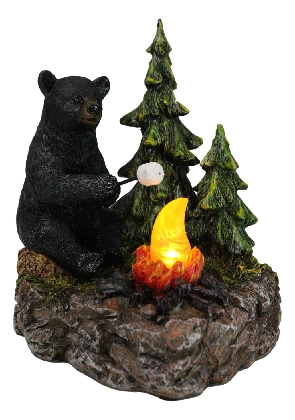 Ebros Whimsical Rustic Forest Black Bear Holding Twig with Marshmallow by Bonfire Campfire LED Night Light Statue Woodland Cabin Lodge Decor Bears Figurine As Decorative Home Accent