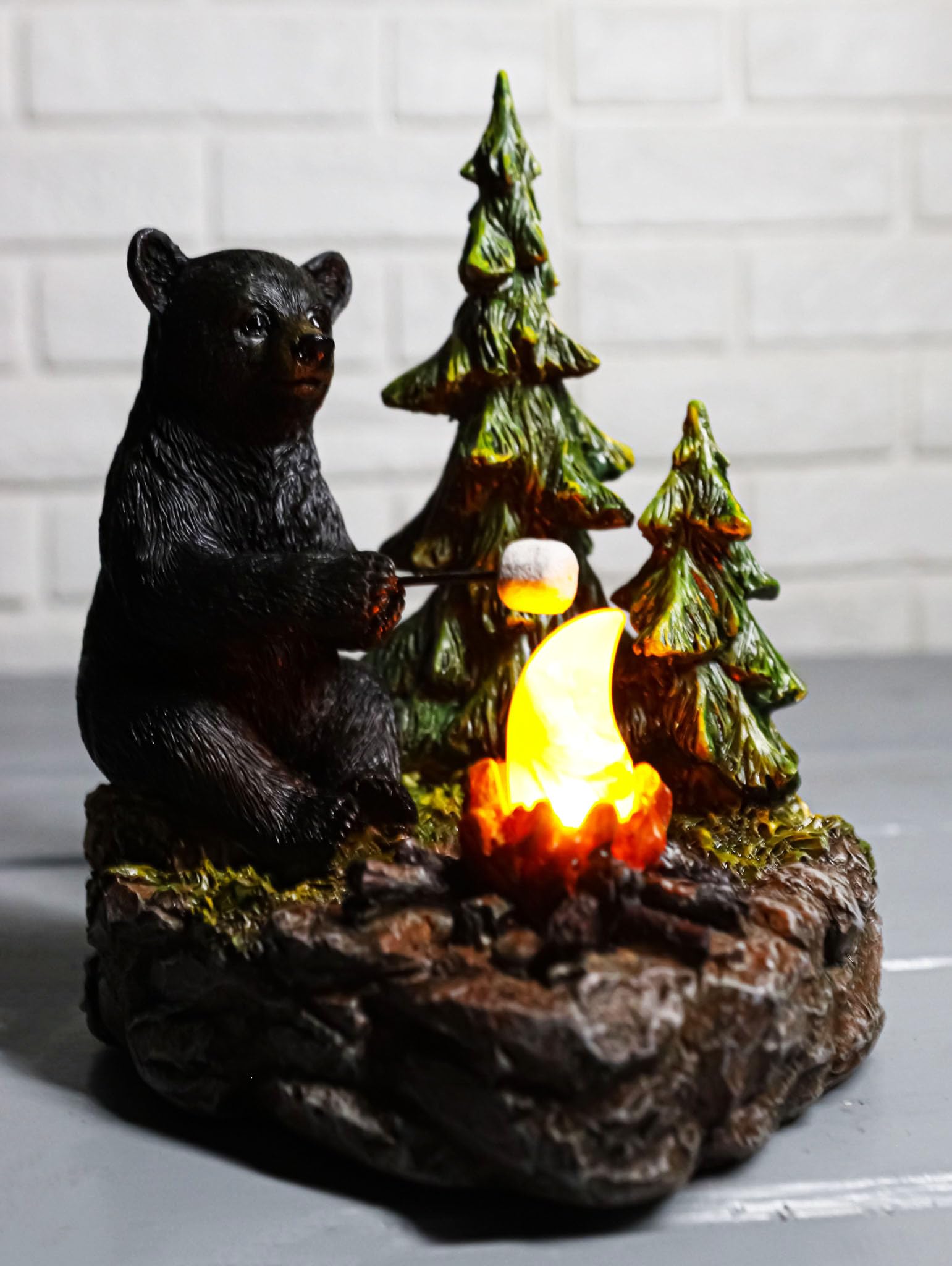 Ebros Whimsical Rustic Forest Black Bear Holding Twig with Marshmallow by Bonfire Campfire LED Night Light Statue Woodland Cabin Lodge Decor Bears Figurine As Decorative Home Accent