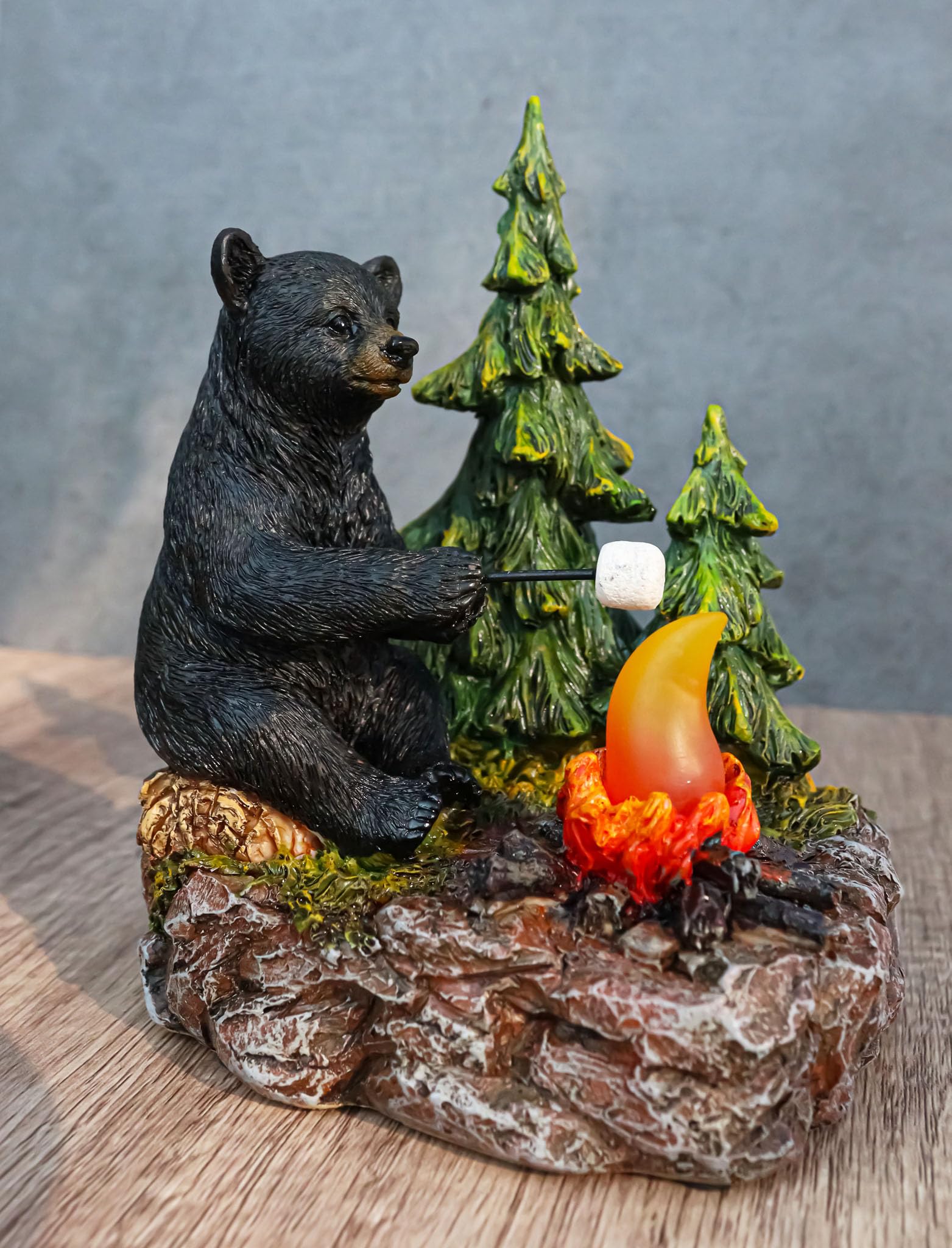 Ebros Whimsical Rustic Forest Black Bear Holding Twig with Marshmallow by Bonfire Campfire LED Night Light Statue Woodland Cabin Lodge Decor Bears Figurine As Decorative Home Accent