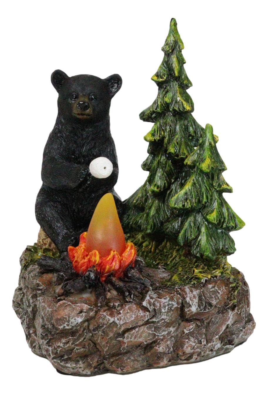 Ebros Whimsical Rustic Forest Black Bear Holding Twig with Marshmallow by Bonfire Campfire LED Night Light Statue Woodland Cabin Lodge Decor Bears Figurine As Decorative Home Accent