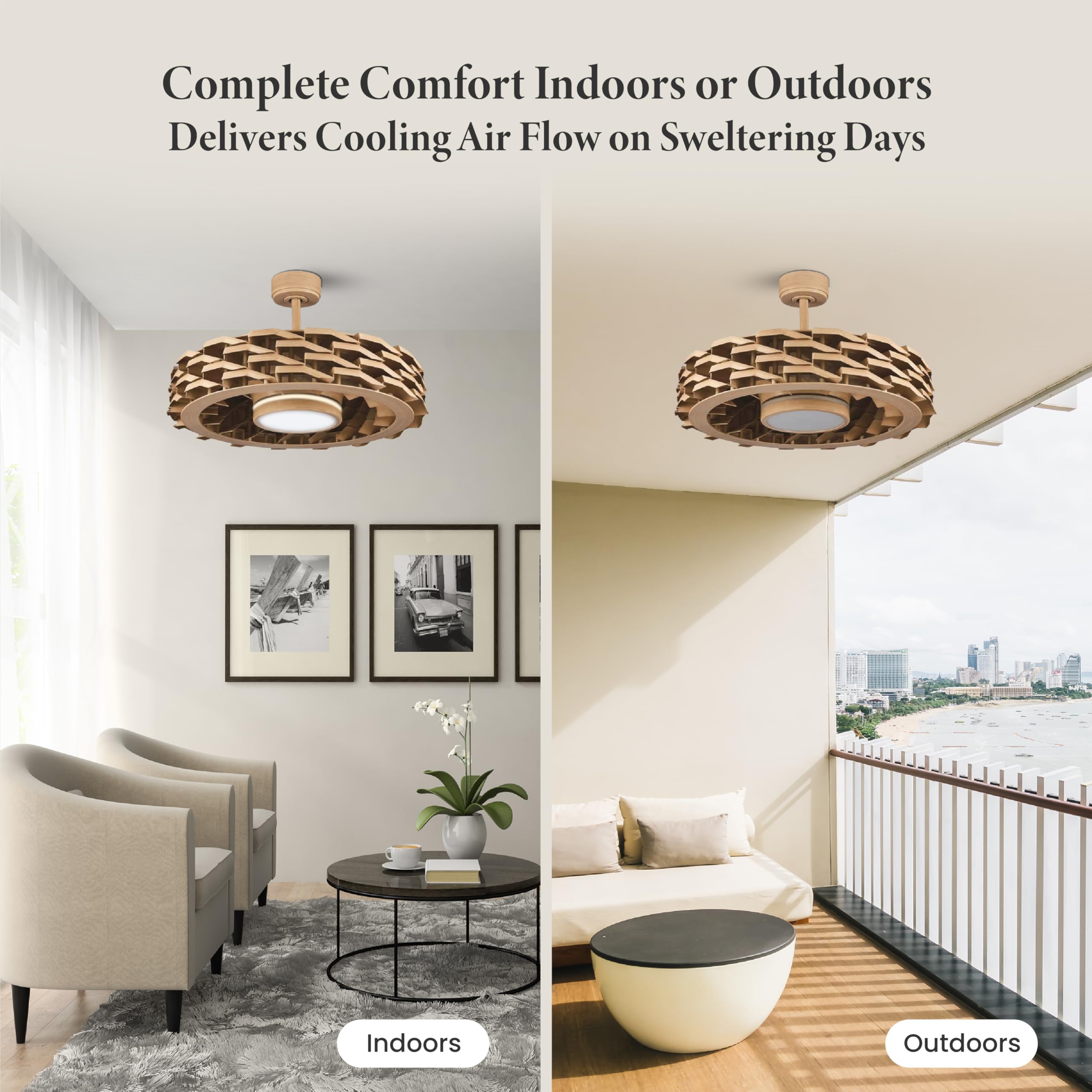 Todays Fans Bladeless Ceiling Fan with Lights & Remote – LUMIO 28" Low-Profile Downrod or Flush Mount Ceiling Fan with Lights for Bedroom & More – Dimmable LED, Night Light & Wi-Fi Connect, Faux Wood