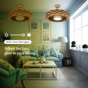 Todays Fans Bladeless Ceiling Fan with Lights & Remote – LUMIO 28" Low-Profile Downrod or Flush Mount Ceiling Fan with Lights for Bedroom & More – Dimmable LED, Night Light & Wi-Fi Connect, Faux Wood