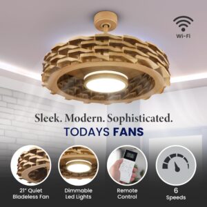 Todays Fans Bladeless Ceiling Fan with Lights & Remote – LUMIO 28" Low-Profile Downrod or Flush Mount Ceiling Fan with Lights for Bedroom & More – Dimmable LED, Night Light & Wi-Fi Connect, Faux Wood