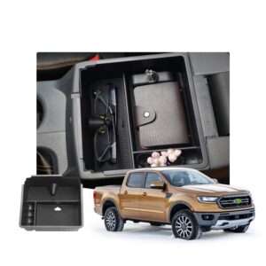 customized for 2019 2020 2021 2022 2023 ford ranger xl xlt lariat accessories car center console armrest box glove secondary storage console organizer insert tray with coin and glass holder (black)