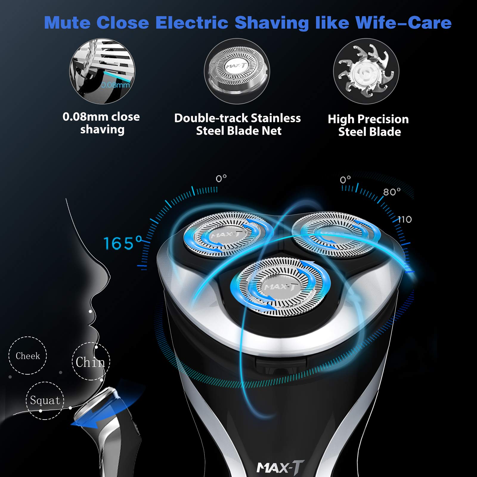 Electric Razor, MAX-T Corded and Cordless Rotary Shaver for Men with Pop Up Trimmer,IPX7 100% Waterproof Wet Dry with USB Cable, Black