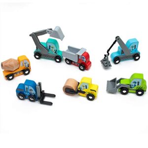 umu Construction Toy Cars 7 PCS Wooden Kids Mini Vehicles for Toddlers, Compatible to Thomas Train Toys Railway and Major Brands, Best for 3 to 5 Year Old Boys and Girls