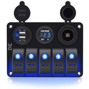 fxc waterproof marine boat rocker switch aluminum panel 5 gang with dual usb slot socket 3.1a + volt meter blue led light for car rv vehicles truck (kg0149-5b blue)