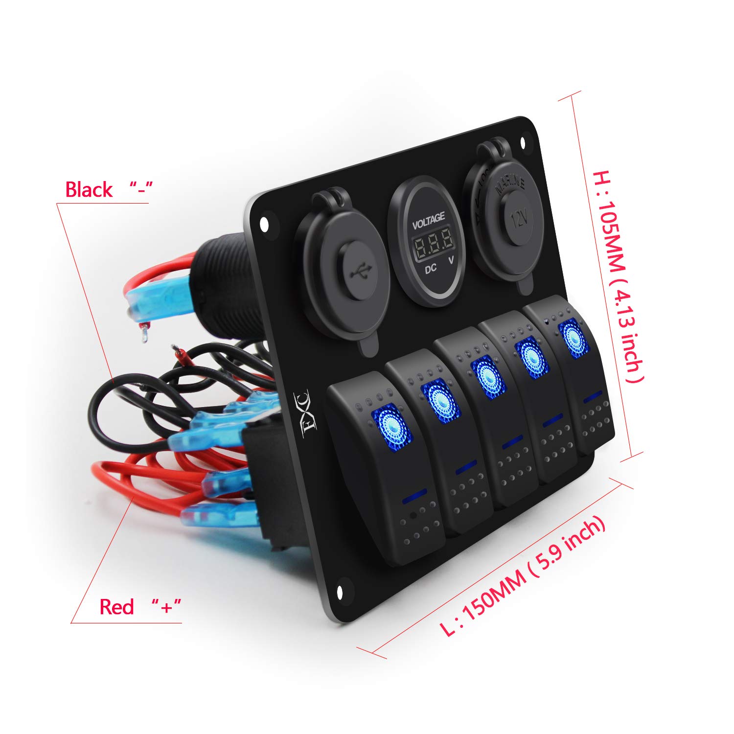 FXC Waterproof Marine Boat Rocker Switch Aluminum Panel 5 Gang with Dual USB Slot Socket 3.1A + Volt Meter Blue LED Light for Car Rv Vehicles Truck (KG0149-5B Blue)