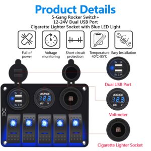 FXC Waterproof Marine Boat Rocker Switch Aluminum Panel 5 Gang with Dual USB Slot Socket 3.1A + Volt Meter Blue LED Light for Car Rv Vehicles Truck (KG0149-5B Blue)