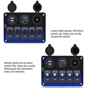 FXC Waterproof Marine Boat Rocker Switch Aluminum Panel 5 Gang with Dual USB Slot Socket 3.1A + Volt Meter Blue LED Light for Car Rv Vehicles Truck (KG0149-5B Blue)