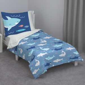 everything kids navy & light blue shark 4piece toddler bed set - comforter, fitted bottom sheet, flat top sheet, reversible pillowcase, navy, light blue, grey, teal (7019416)