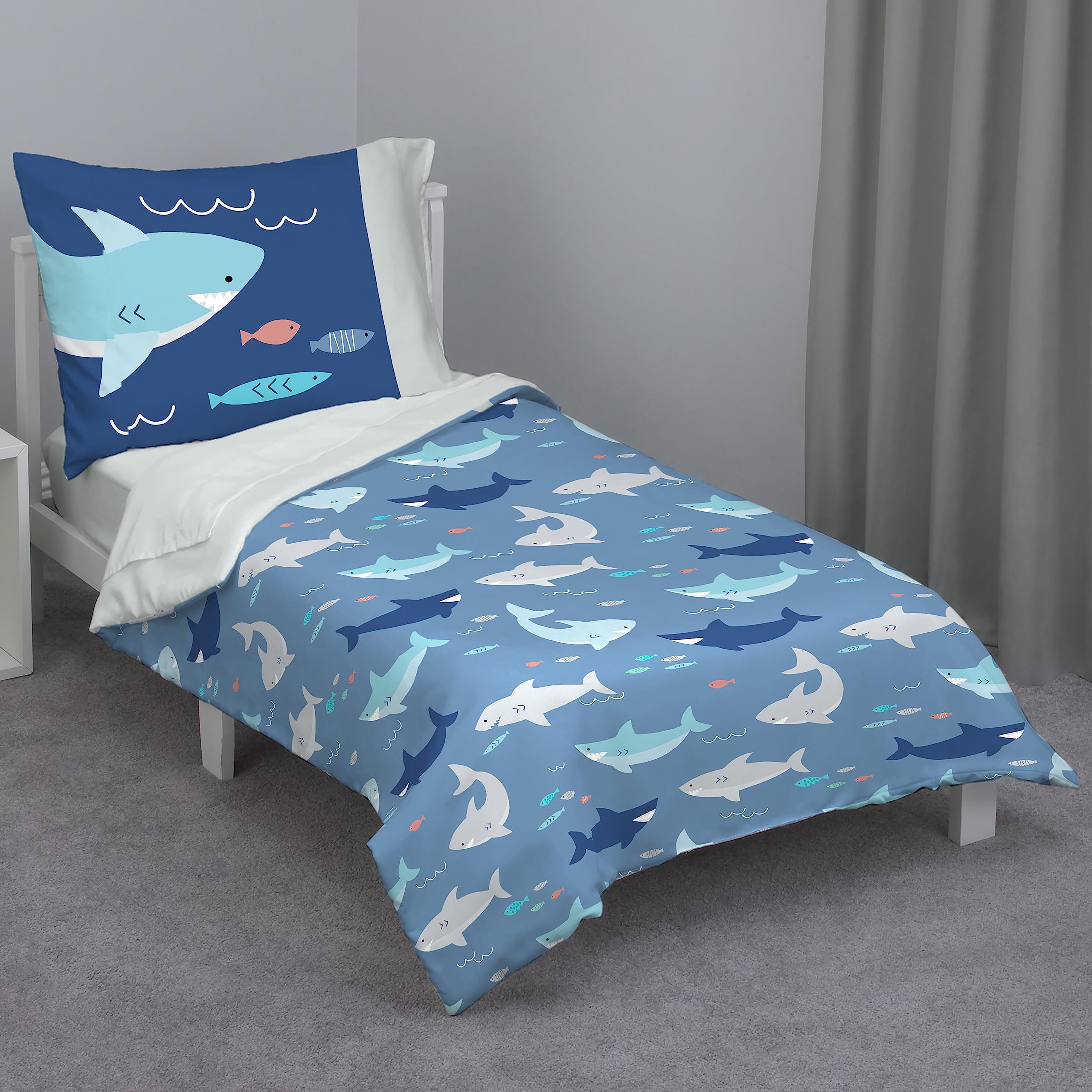 Everything Kids Navy & Light Blue Shark 4Piece Toddler Bed Set - Comforter, Fitted Bottom Sheet, Flat Top Sheet, Reversible Pillowcase, Navy, Light Blue, Grey, Teal (7019416)