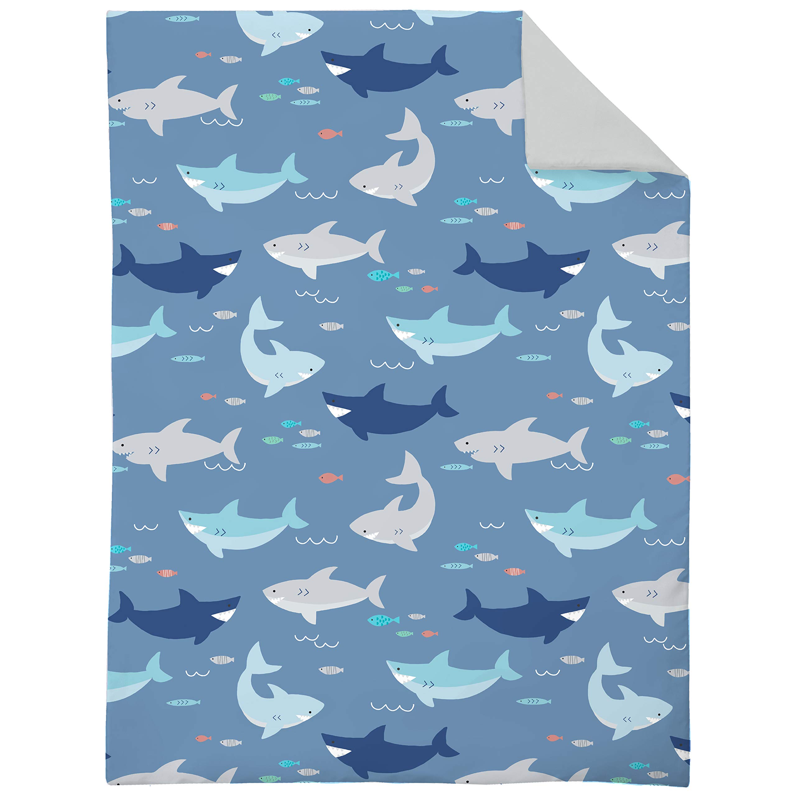 Everything Kids Navy & Light Blue Shark 4Piece Toddler Bed Set - Comforter, Fitted Bottom Sheet, Flat Top Sheet, Reversible Pillowcase, Navy, Light Blue, Grey, Teal (7019416)