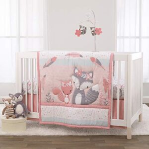 little love by nojo desert flower - fox and feathers pink, grey and aqua 3 piece crib bedding set- comforter, fitted crib sheet, dust ruffle