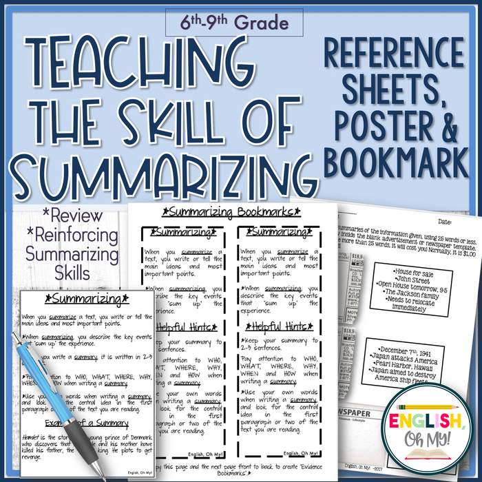 Teaching the Skill of Summarizing-Reference Sheets, Poster, & Bookmark